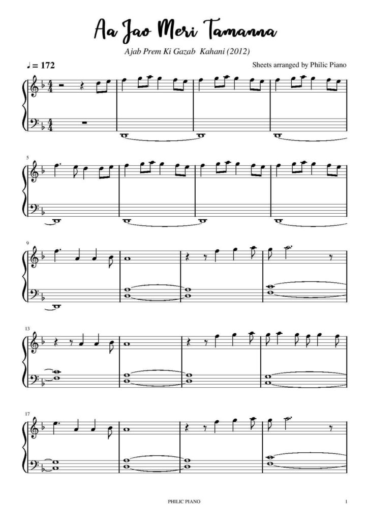 Aa Jao Meri Tamanna | Piano Notes/Sheets/MIDI | Philic Piano
