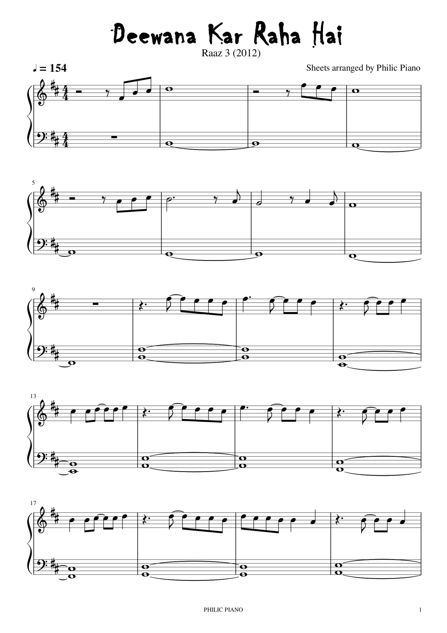 Deewana Kar Raha Hai | Piano Notes/Sheets/MIDI | Philic Piano