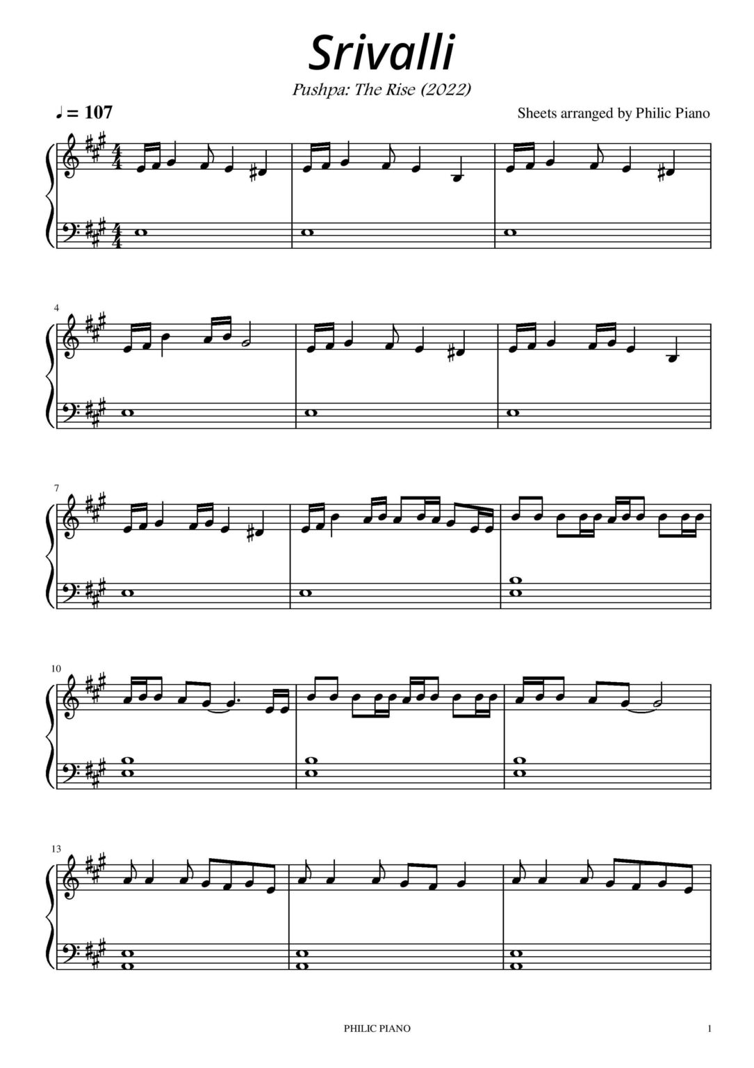 Srivalli | Piano Notes/Sheets/MIDI | Philic Piano