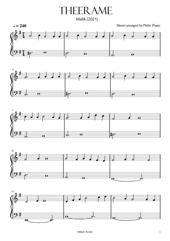 Theerame | Piano Notes/Sheets/MIDI | Philic Piano