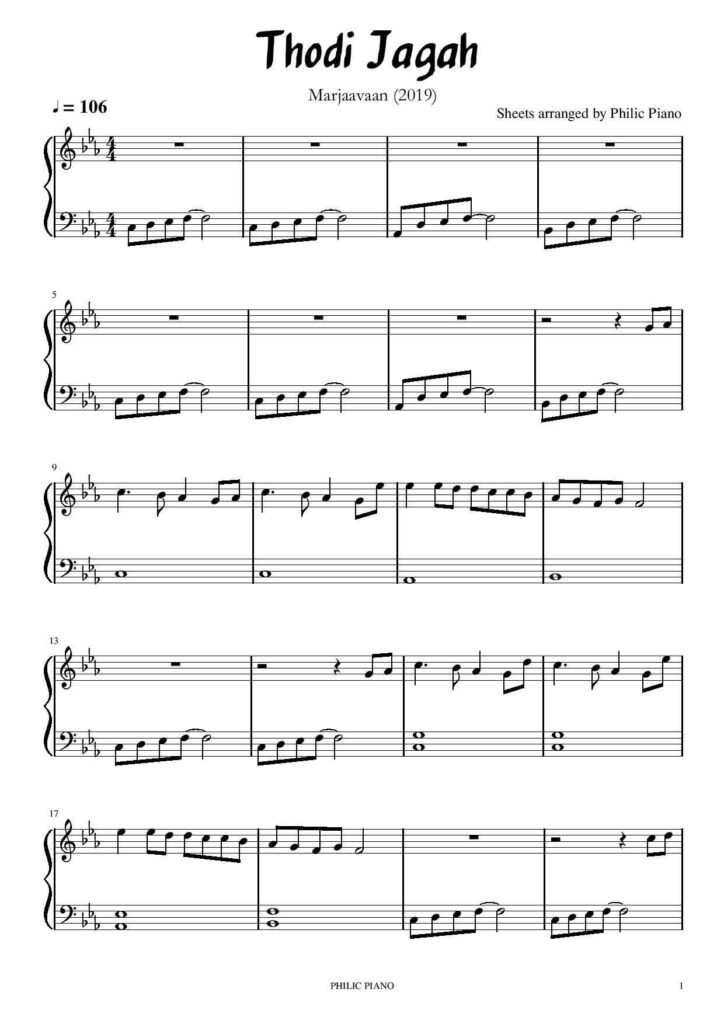 Thodi Jagah | Piano Notes/Sheets/MIDI | Philic Piano