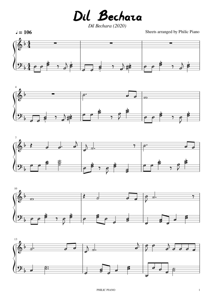 Dil Bechara | Piano Notes/Sheets/MIDI | Philic Piano