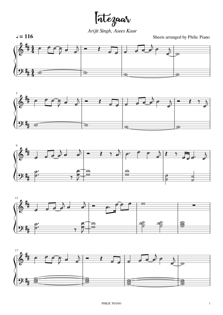 Intezaar | Piano Notes/Sheets/MIDI | Philic Piano