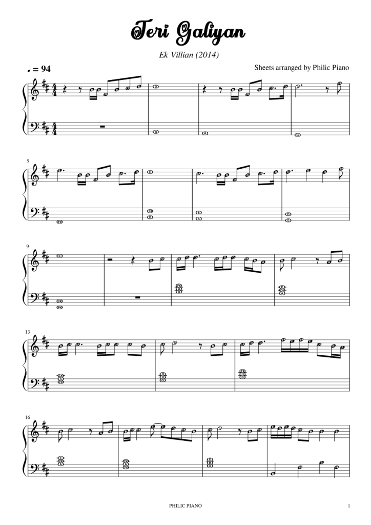 Teri Galiyan | Piano Notes/Sheets/MIDI | Philic Piano